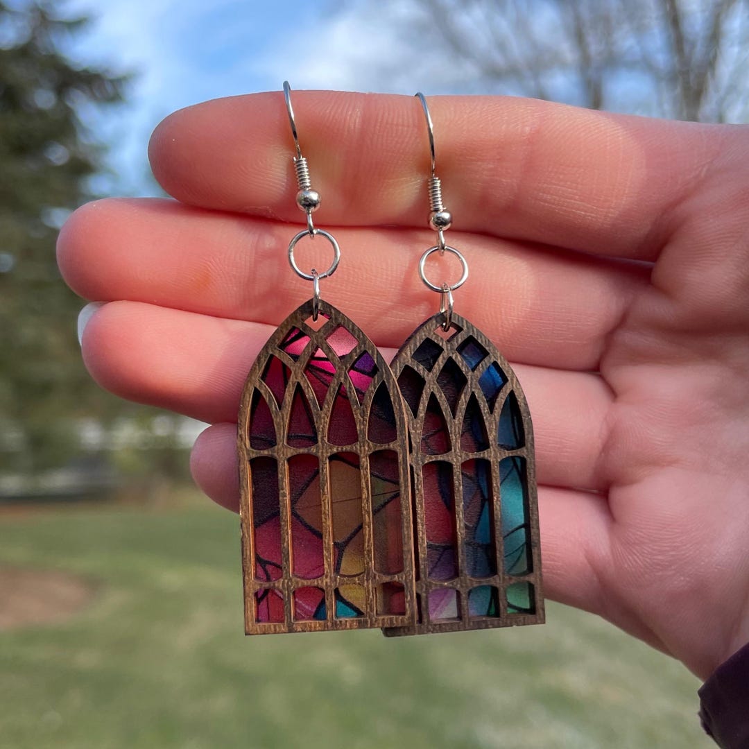 Stained Glass Acrylic & Wood Cathedral Window Dangle Earrings | Fun ...