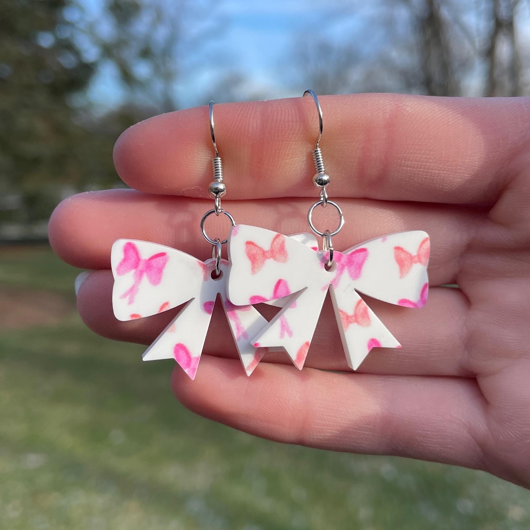 Pink Bow on Bow Dangle Earrings Preppy Earrings Unique Earrings Fun ...