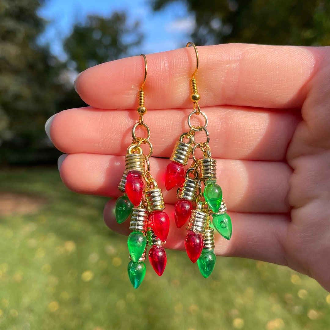 Red and Green Christmas Bulb Dangle Earrings | Christmas Light Earrings ...