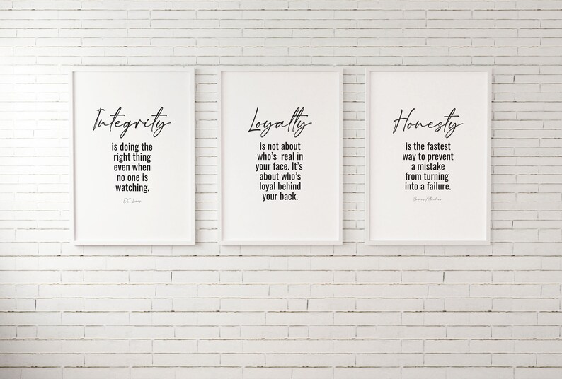Loyalty, Honesty, Integrity, Set of 3 Quotes Wall Decor, Office Wall ...