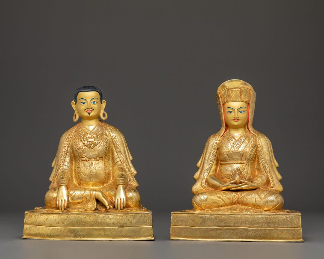 Golden Marpha and Gampopa Statue Set | Handcrafted Copper Statues of ...