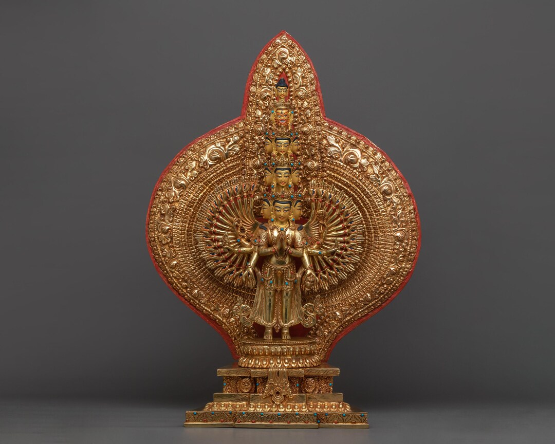 Handmade Sculpture 1000 Armed Chenrezig | 24K Gold Gilded Copper Statue ...