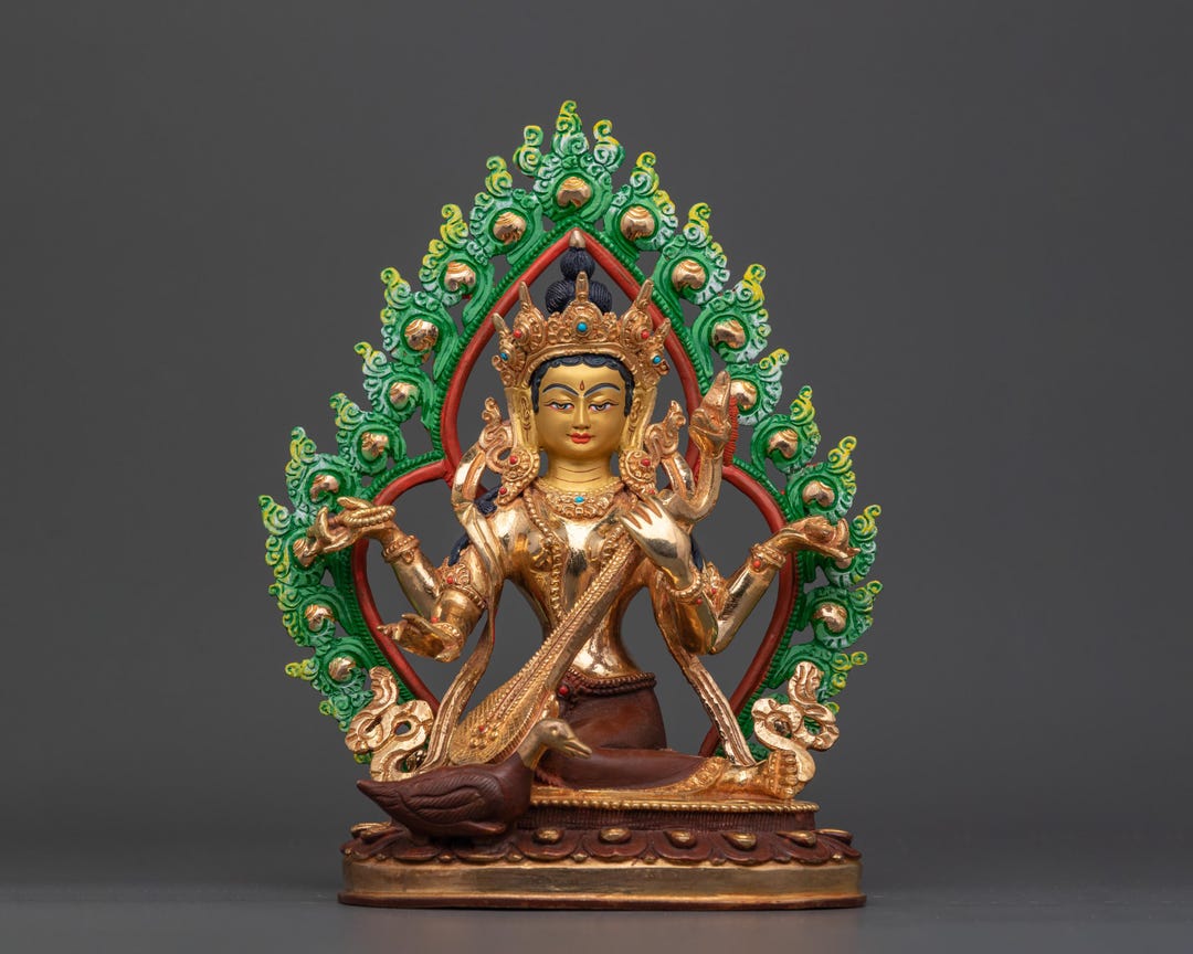 Tibetan Buddhism Goddess Saraswati Copper Statue | Handmade 24K Gold ...