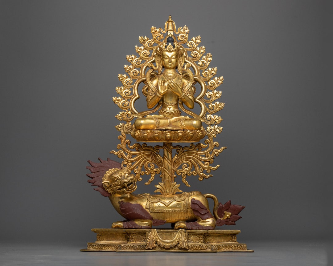 Vairocana Buddha Seated Upon a Snow Lion Statue - Premium 24K Gold ...