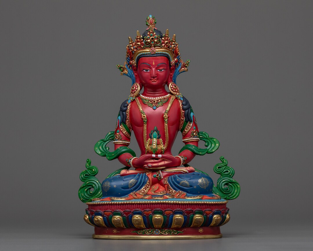 Amitayus Buddha Lotus Family Sculpture in 24K Gold Red Painted Symbol ...