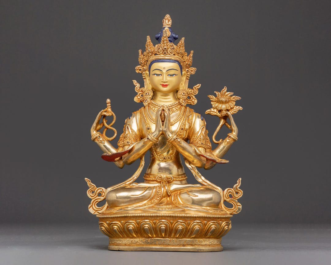 Chenrezig Statue 24K Gold Gilded Copper Artwork for Altar, Meditation ...