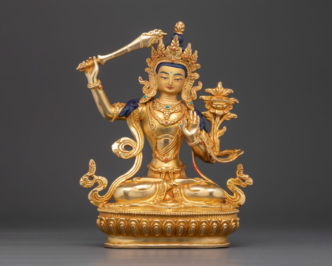 Beautiful Manjushri Wisdom Buddha Holding Flaming Sword | 24K Gold ...