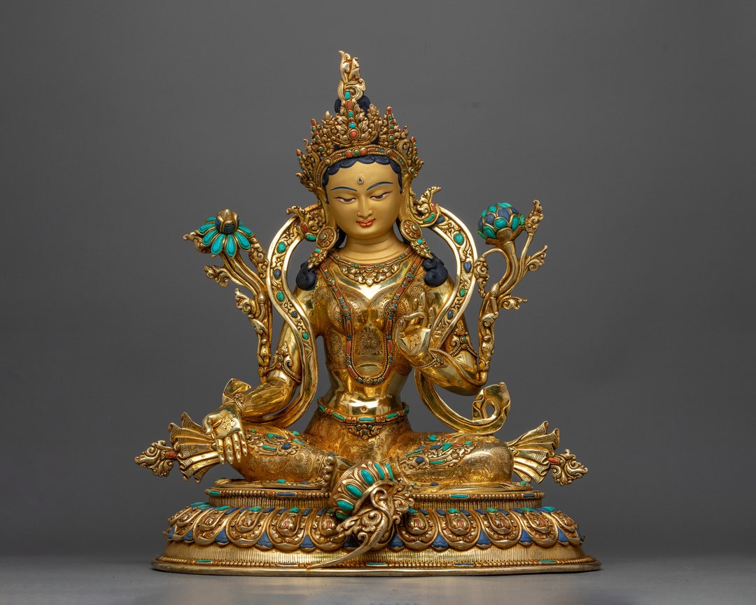 Auspicious Green Tara Statue With Hand Carved Gemstones Exquisite Hand ...