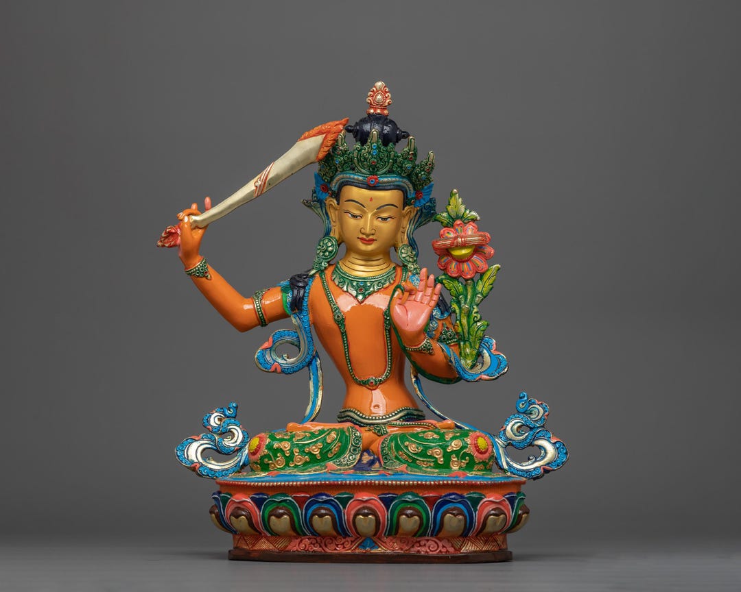 Handcrafted Manjushri Holding Flaming Sword Statue | 24K Gold Gilded ...