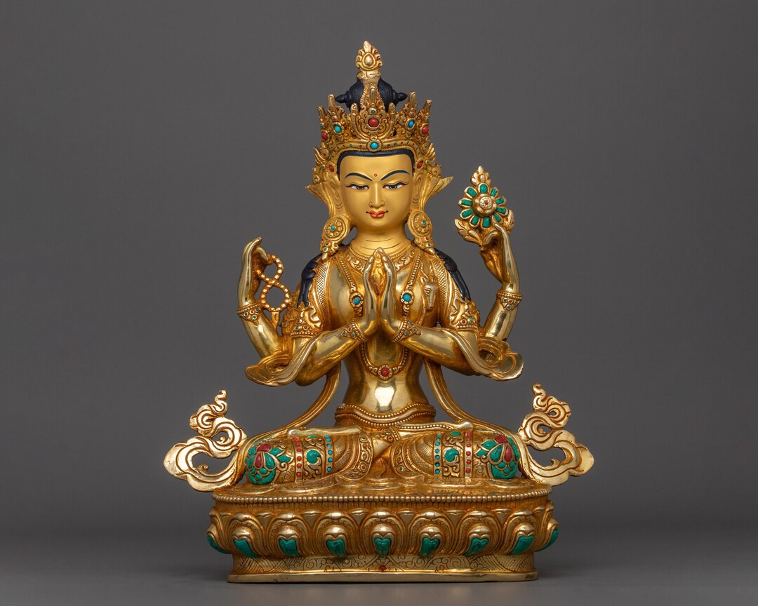 24K Gold Gilded Statue of Four-armed Figurine Chenrezig | Infinite ...