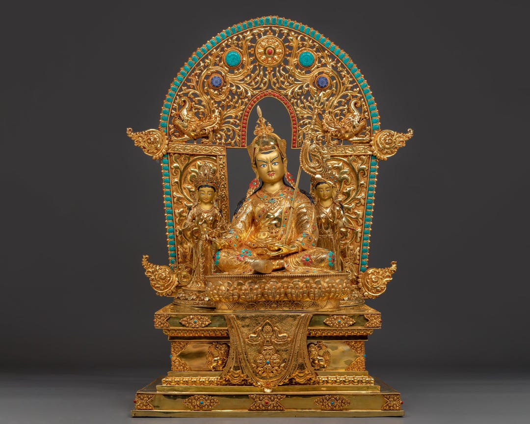 Statue of Guru Rinpoche on Throne | 24K Gold Gilded | Copper With ...