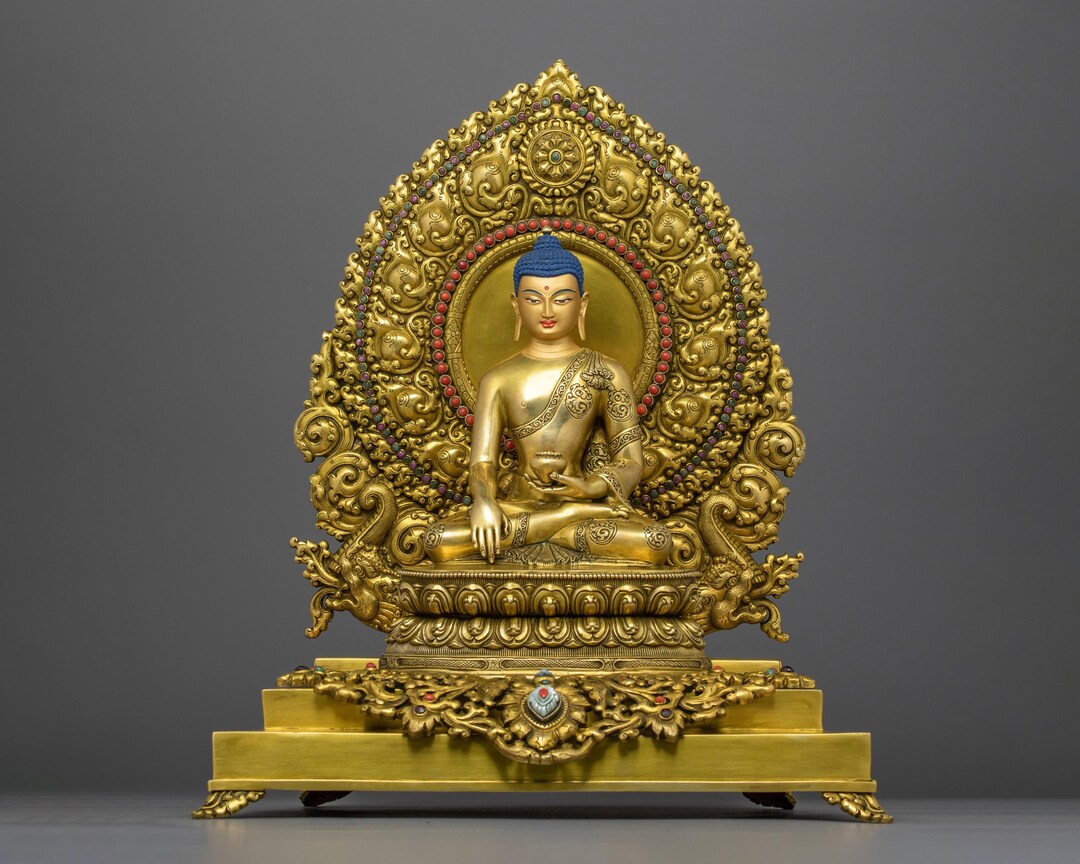 Handcarved Enlightened Shakyamuni Buddha in Throne Sculpture | 24K Gold ...