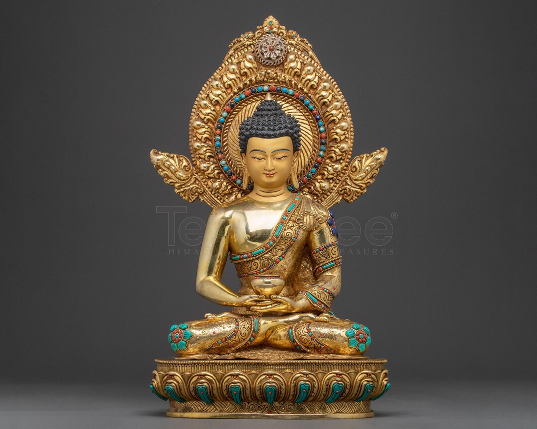 Golden Amitabha Buddha Statue With Aureole | Handcrafted 24K Gold ...