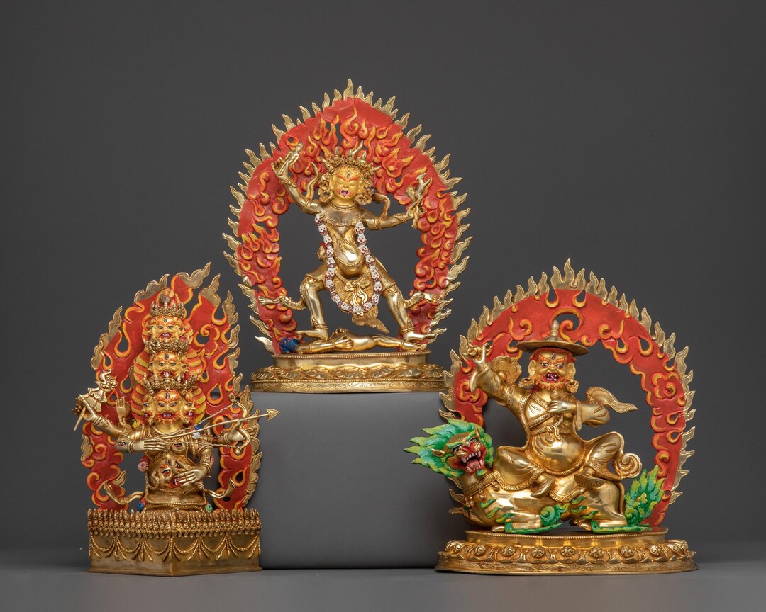 Three Dharmapalas Statue Set | Tibetan Protector Deities for Altar and ...