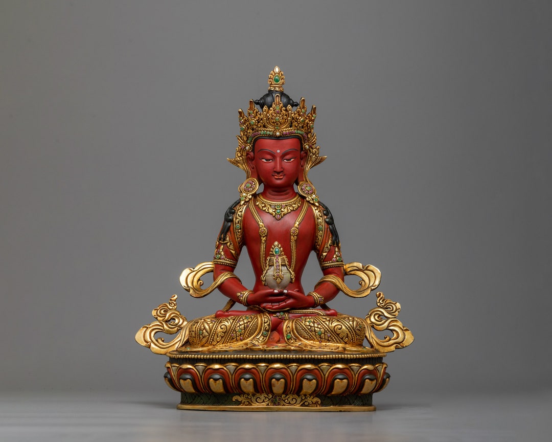 Premium Red Amitayus Statue in 24K Gold Gilded Copper - Elegant ...