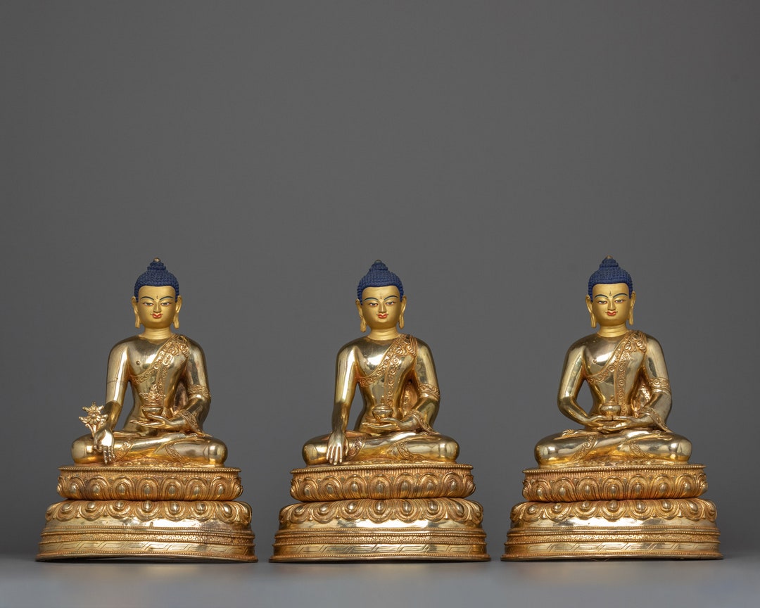 Buddha Sculpture Triad in 24K Gold - Shakyamuni, Amitabha, and Medicine ...