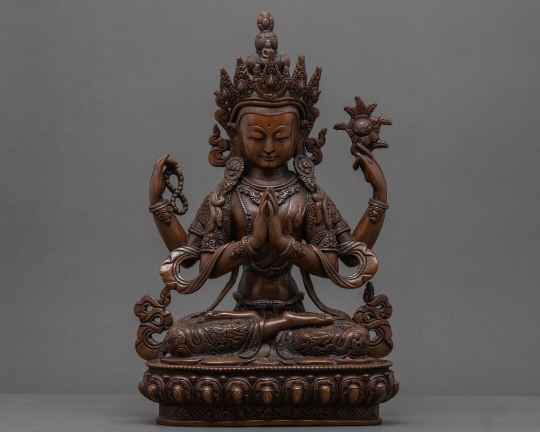 Red Chenrezig Copper Statue Avalokiteshvara Traditionally Hand-carved ...
