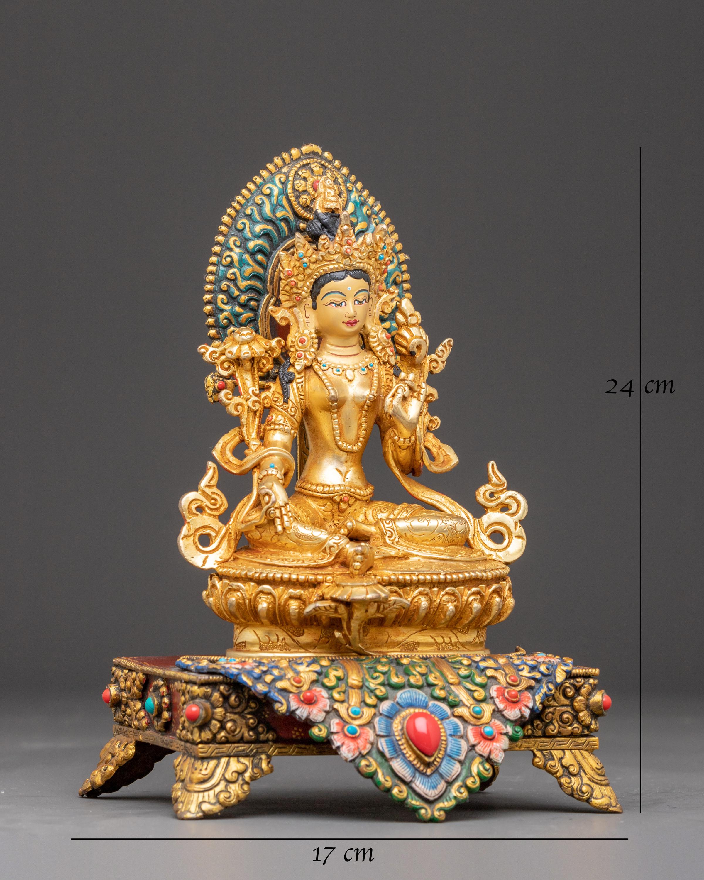 Green Tara on Throne Statue 24K Gold Gilded Copper Artwork for Altar ...