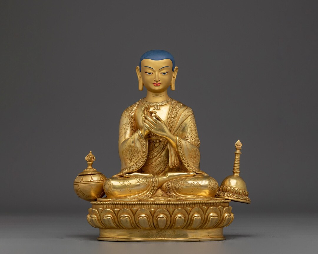 Buddhist Teacher Atisa Statue | 11.8”/30cm Copper Sculpture With 24K ...