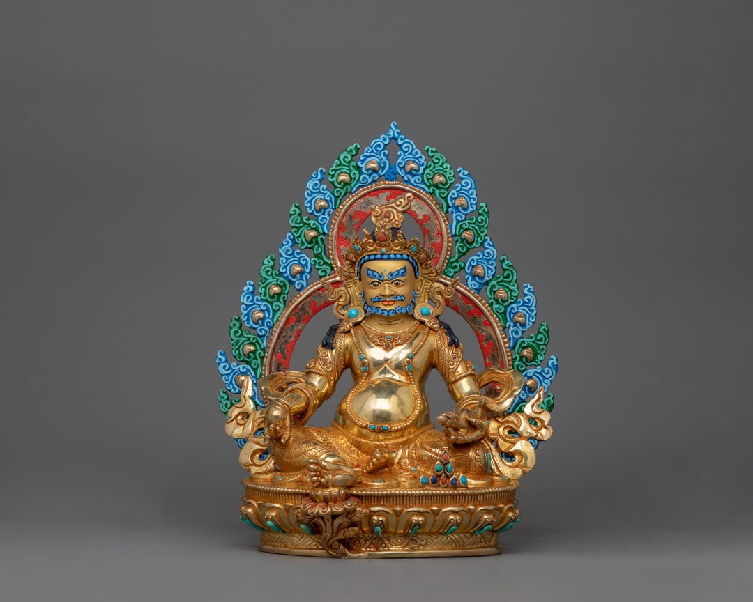 Dzambhala Statue Holding Mongoose | 9.8” 24K Gold Gilded Copper With ...