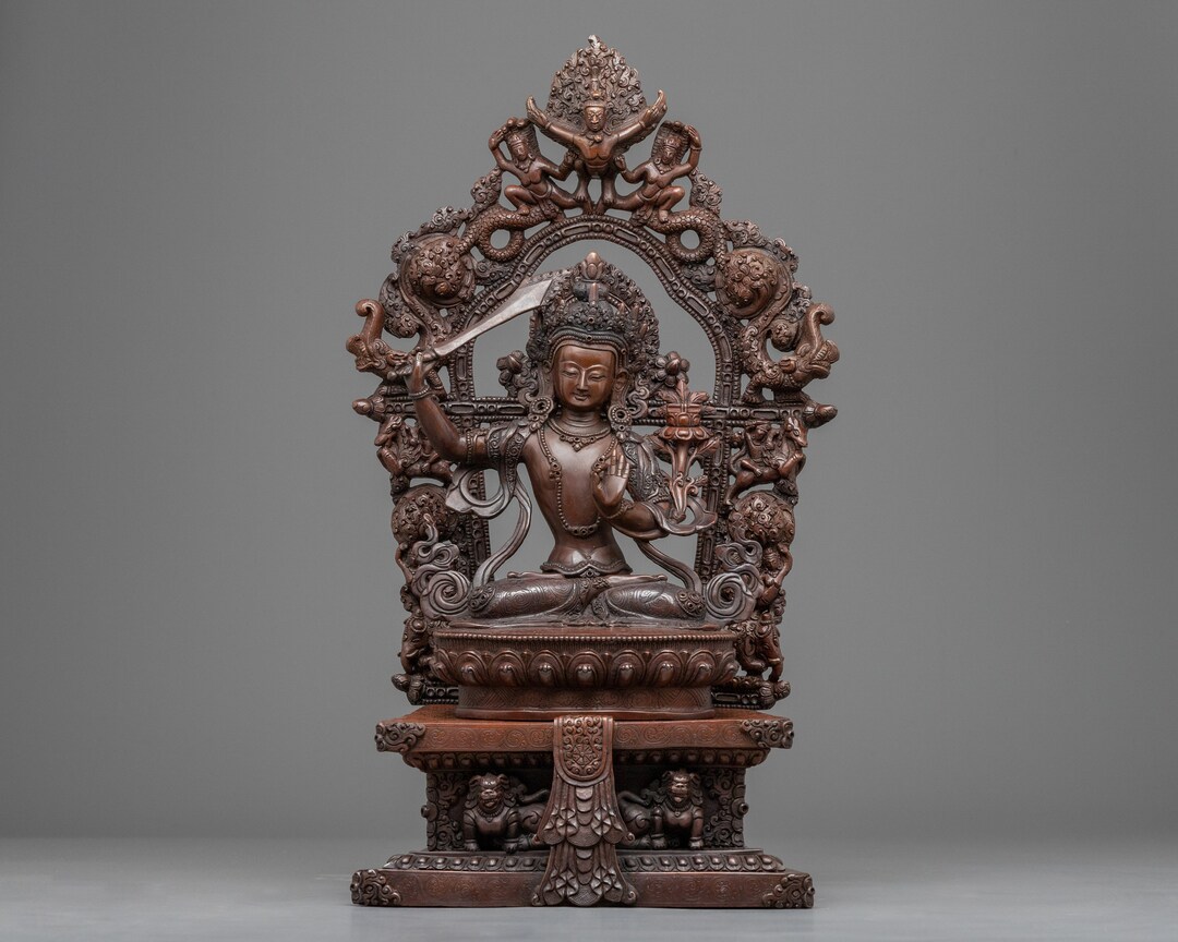 Manjushri on Throne Statue | Handmade Buddhist Sculpture | Copper Body ...