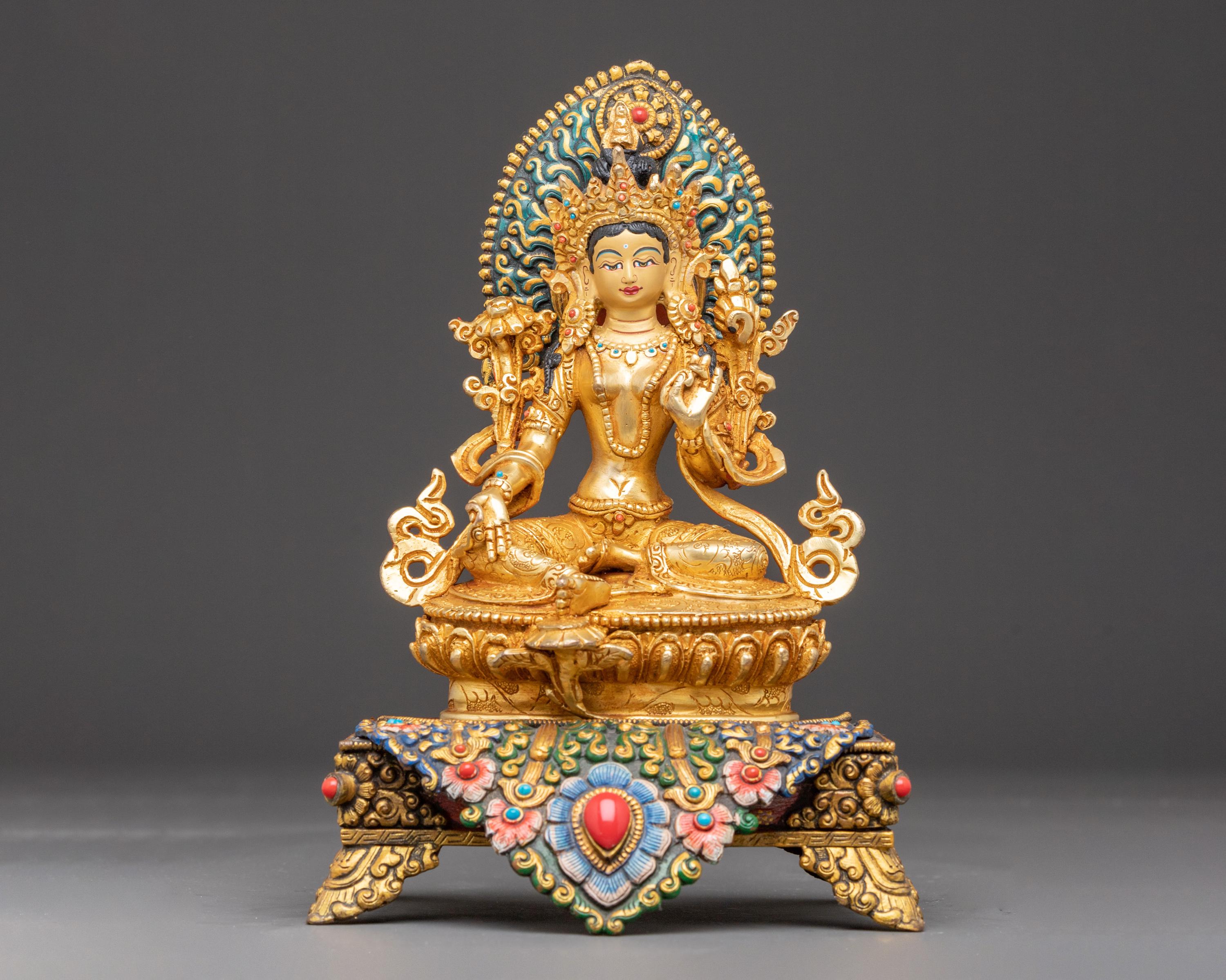 Green Tara on Throne Statue 24K Gold Gilded Copper Artwork for Altar ...