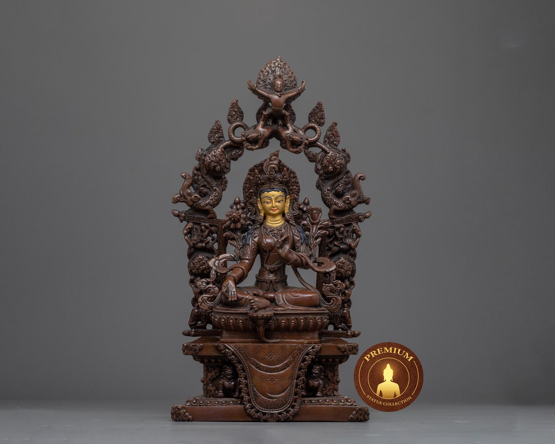 Green Tara Statue Seated Upon Throne | Hand-crafted Oxidized Copper ...