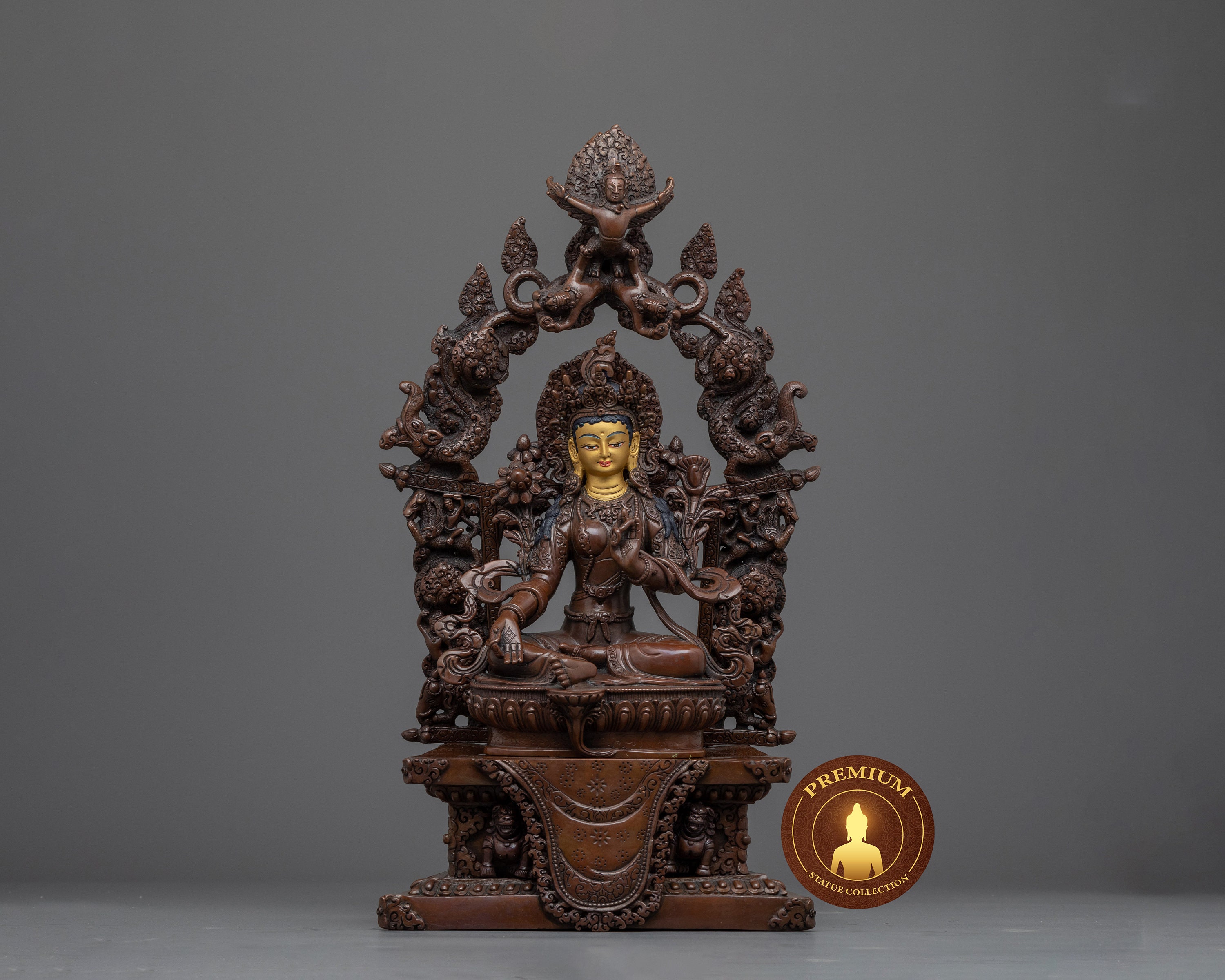 Green Tara Statue Seated Upon Throne | Hand-crafted Oxidized Copper ...