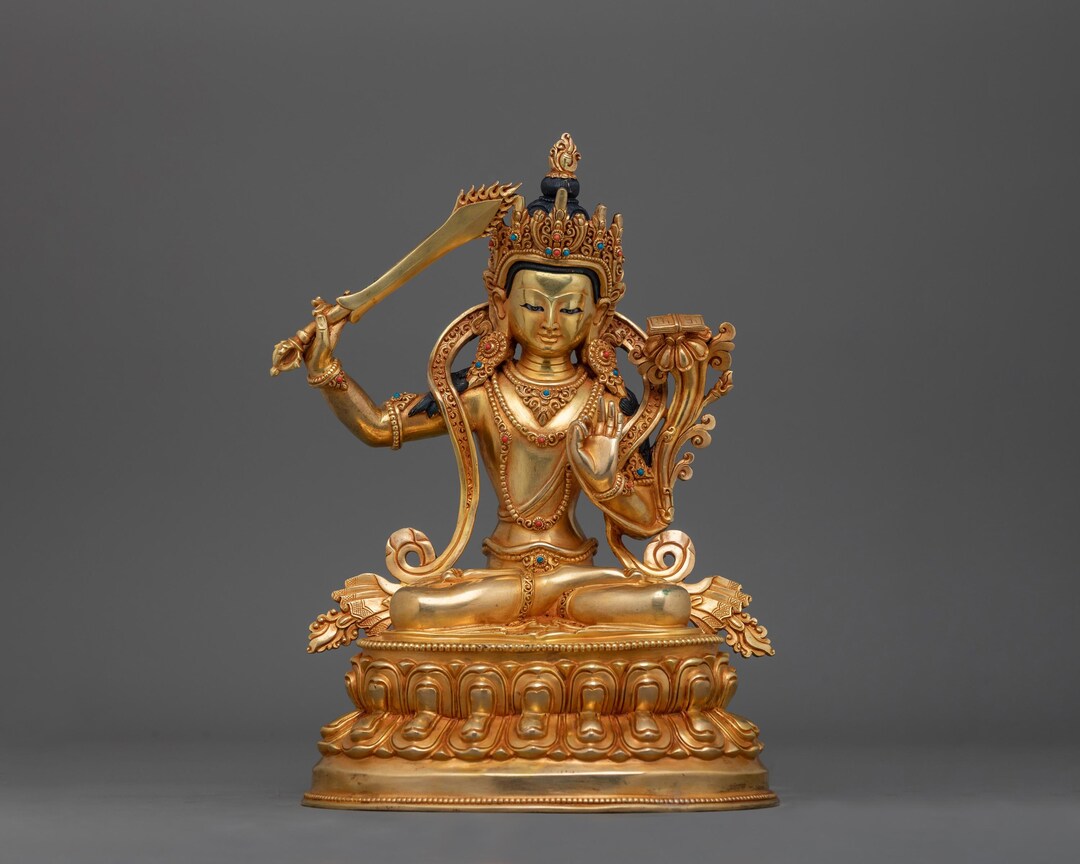 24K Gold Gilded Wisdom Buddha Manjushri Statue Holding Flaming Sword ...