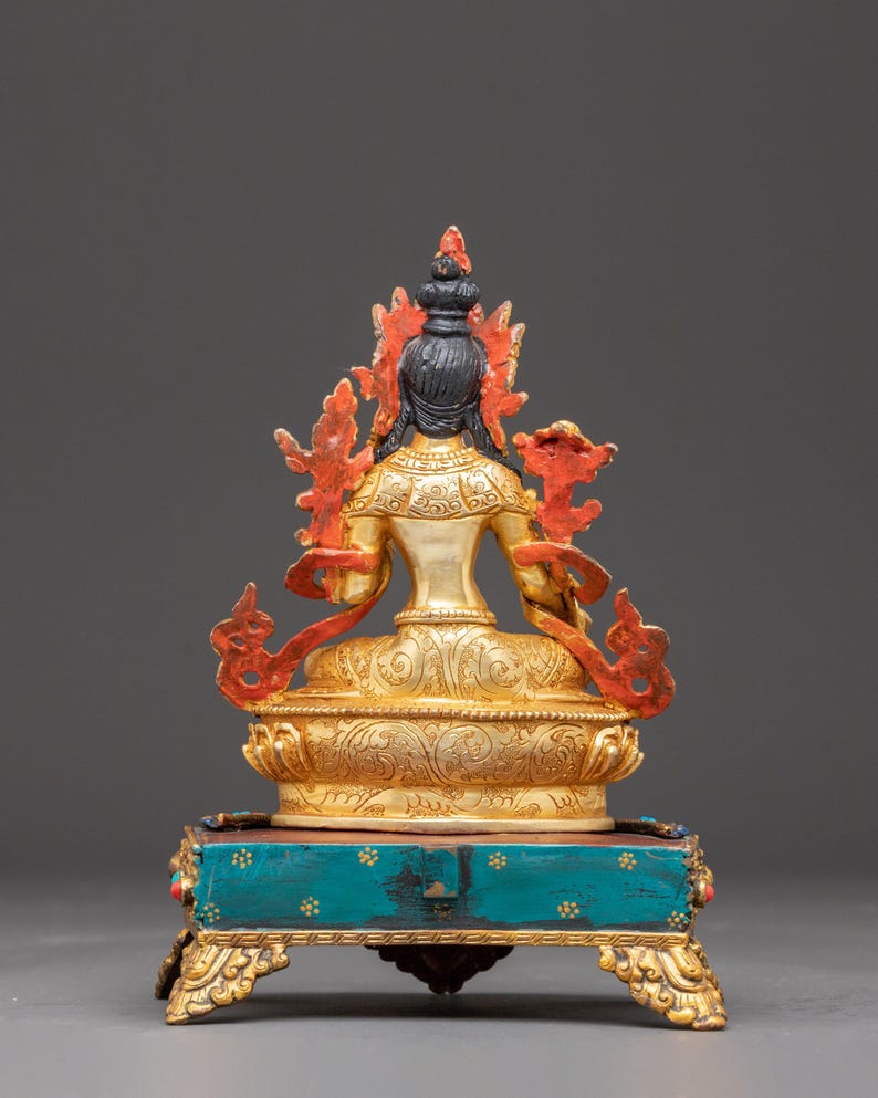 Green Tara on Throne Statue 24K Gold Gilded Copper Artwork for Altar ...