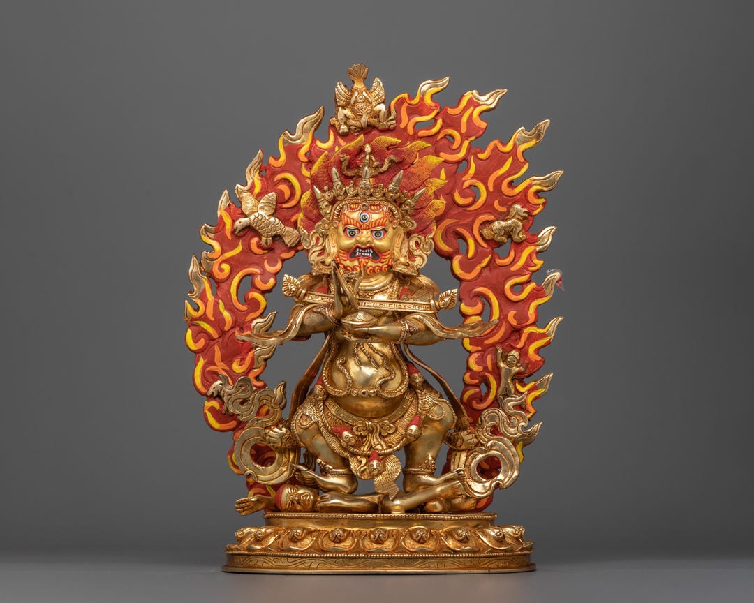 Sacred Shakya Mahakala Sculpture With Skull Cup | 24K Gold Gilded ...