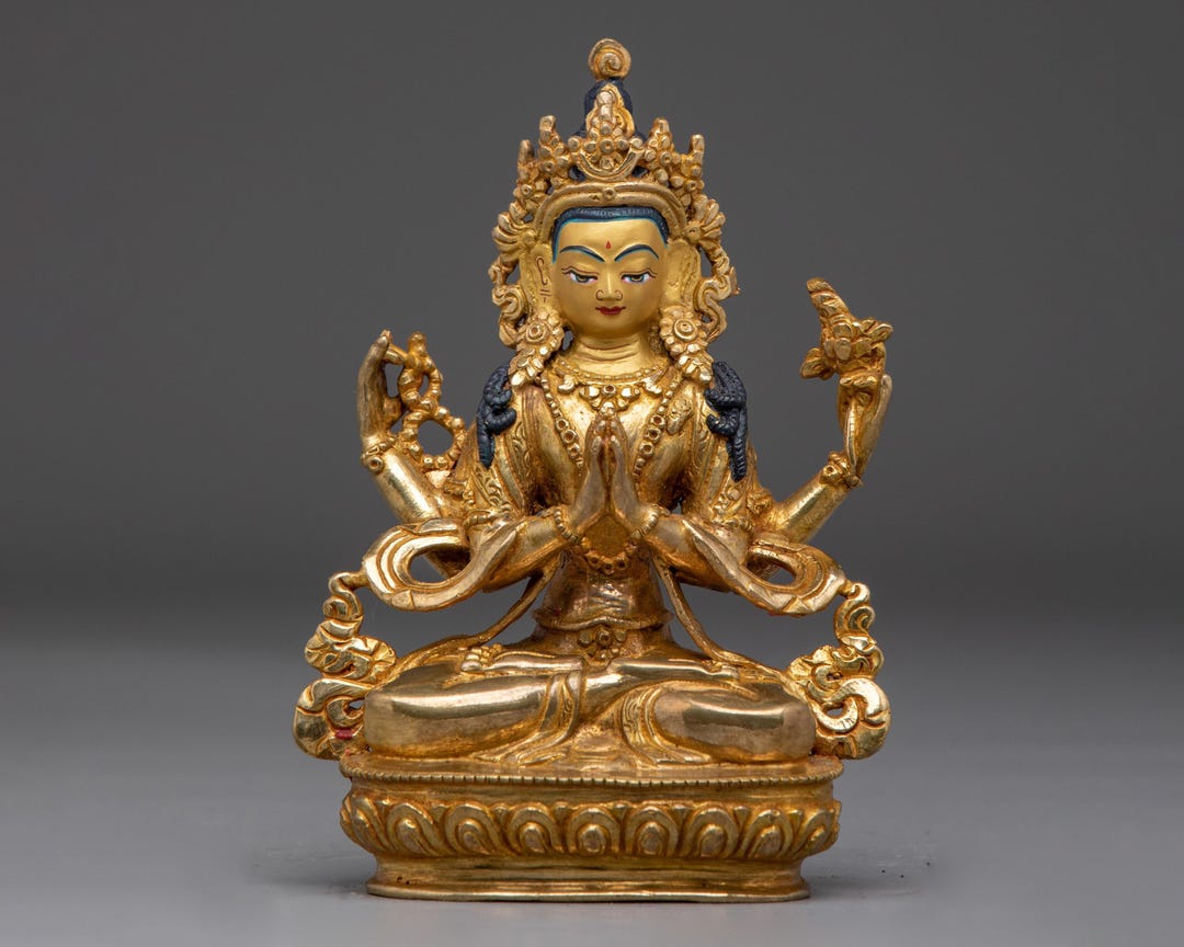 Revered Buddhist Compassion Symbol Chenrezig Handmade Statue | 14cm 24K ...