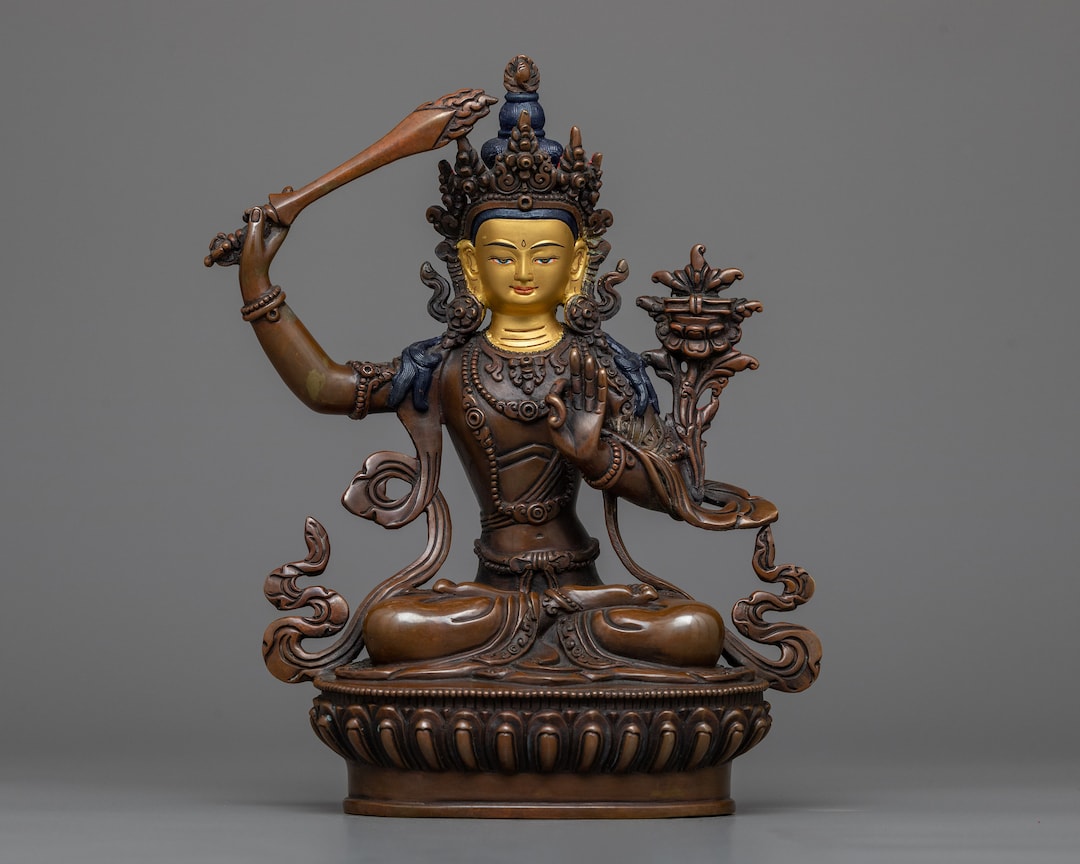 Manjushri Statue in Oxidized Copper - Elegant Sculpture of the Buddhist ...