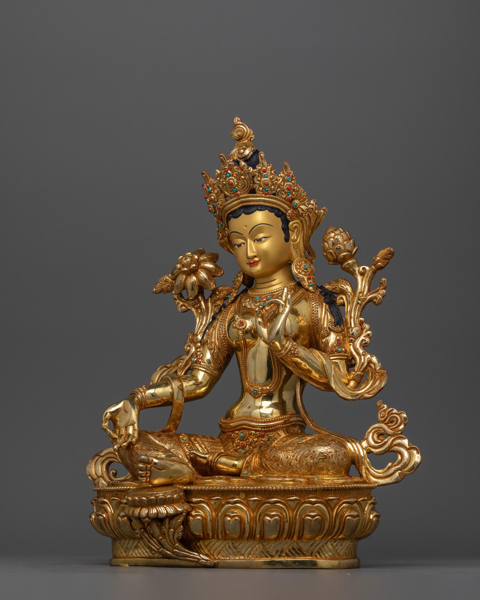 Jetsun Dolma Green Tara Bodhisattva Statue in 24K Gold Gilded Copper ...