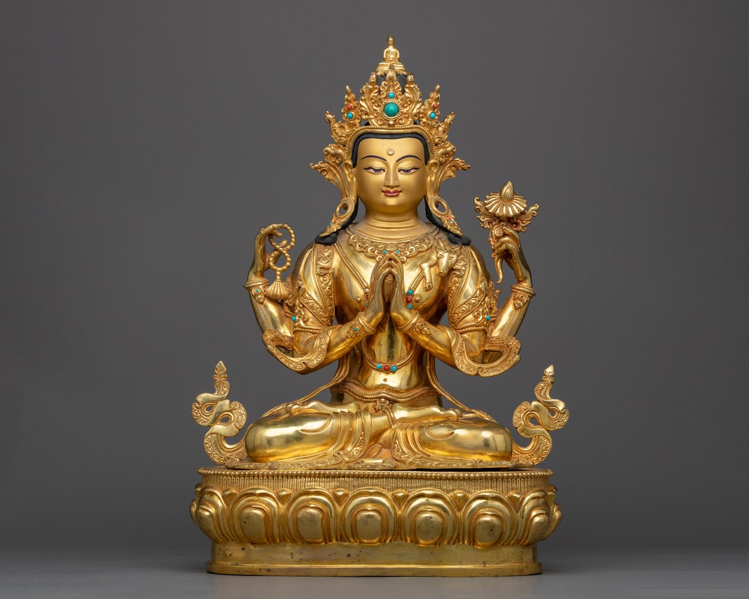 Four-armed Chenrezig Statue - 24K Gold Gilded Masterpiece on Copper, A ...