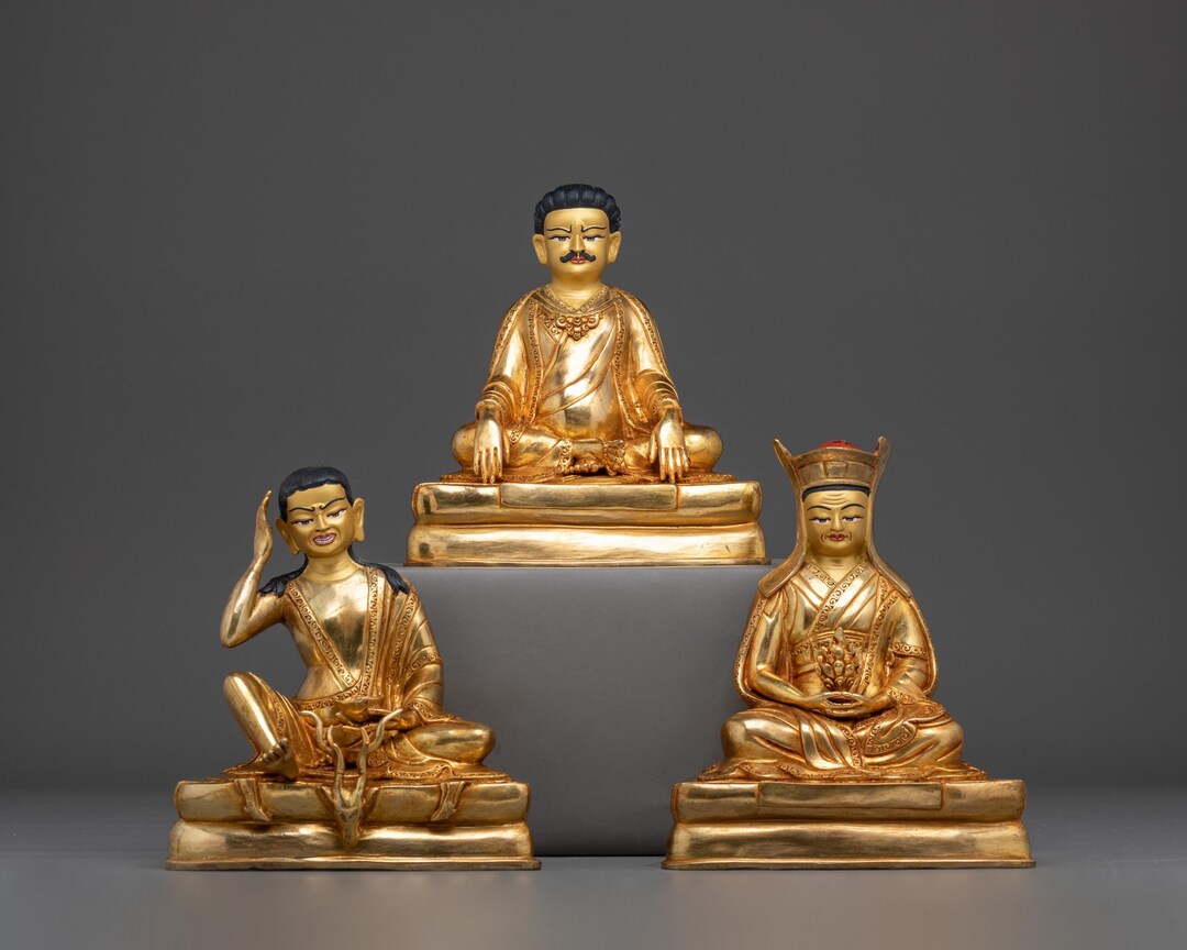Marpha, Milarepa & Gampopa Buddhist Copper Statue Set | 24K Gold Gilded ...