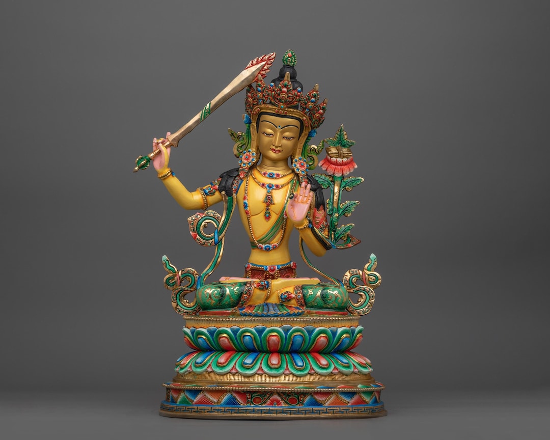 Manjushri With Book and Sword Statue 14.6” | 24K Gold Gilded Copper ...