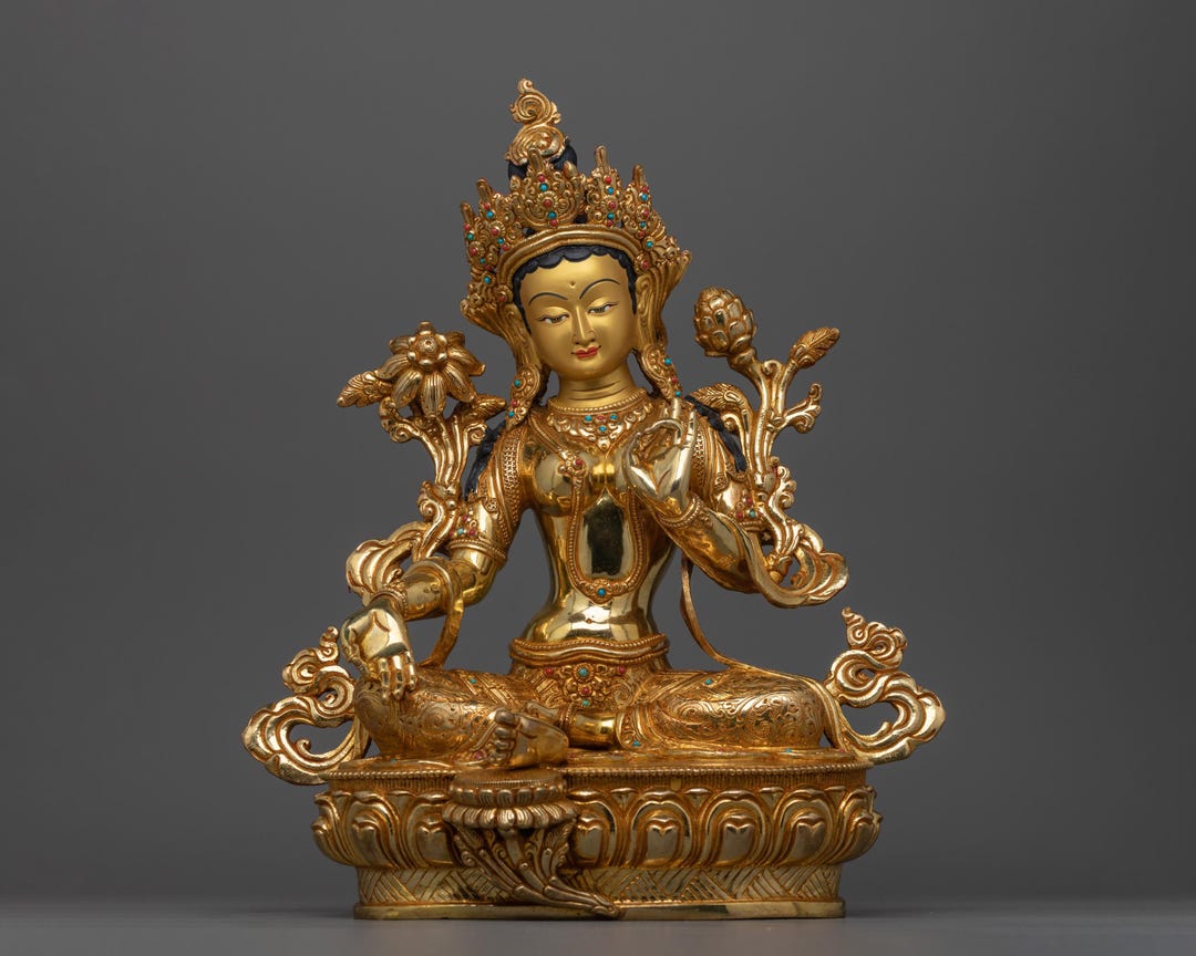 Jetsun Dolma Green Tara Bodhisattva Statue in 24K Gold Gilded Copper ...