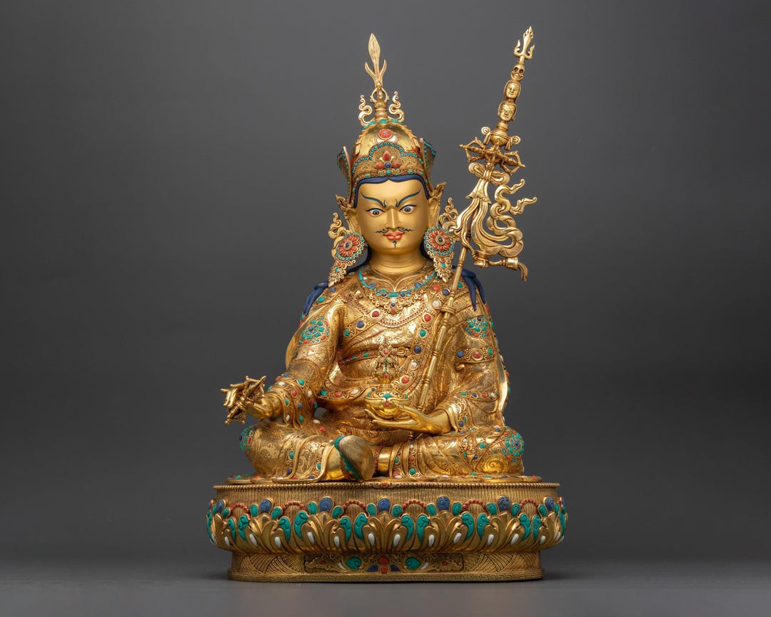Deva Guru Rinpoche Statue – Handcrafted 24K Gold Gilded Gemstone Copper ...