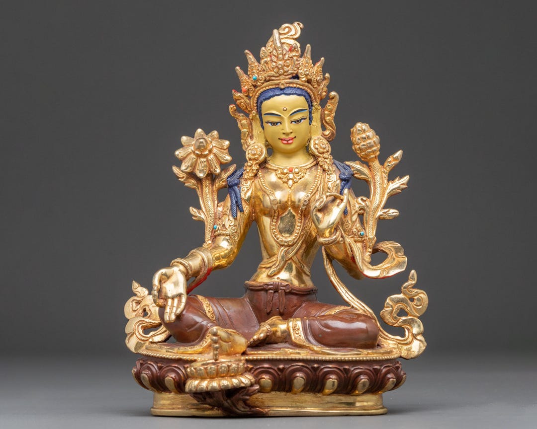 Green Tara Statue 24K Gold Gilded Copper Sculpture for Altar ...