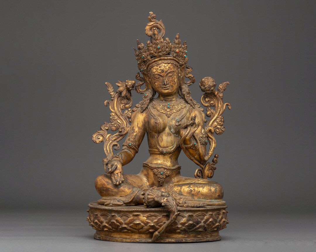 Statue of Green Tara: Swift Liberator | Handmade 24K Gold Gilded Copper ...