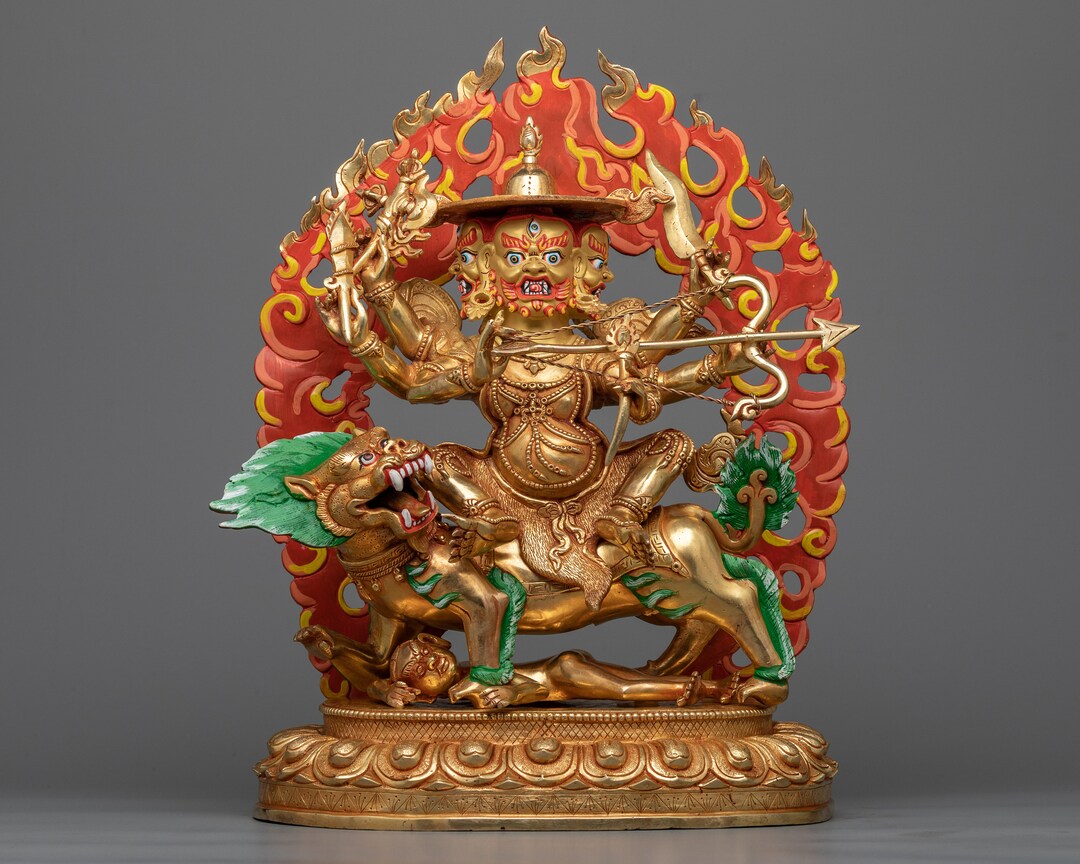 24K Gold Gilded Pehar Gyalpo Statue in Copper - Tibetan Protector Deity ...