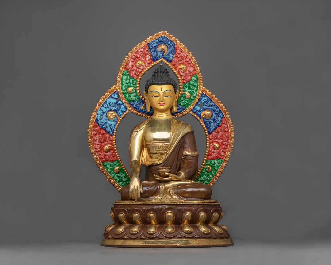 Monumental Shakyamuni Buddha Sculpture - 24K Gold Gilded Oxidized Copper Embodiment of the ...