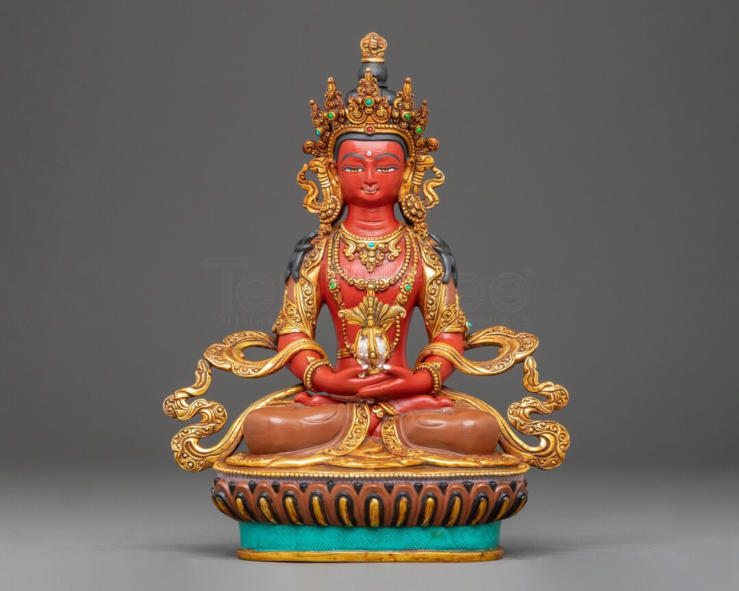 Red Statue of Amitayus | Gold Gilded Copper Tibetan Buddha Figurine ...