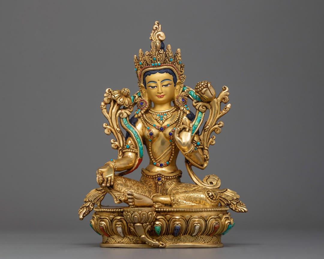 Spiritual Green Tara Pure Land Statue | 24K Gold Gilded Tibetan ...