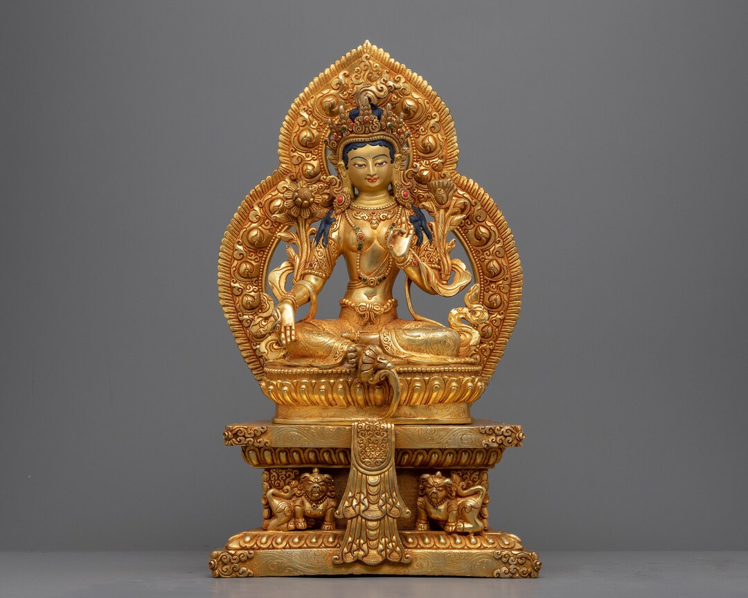 Green Tara Statue Seated Upon Throne | Artistically Made Sculpture From ...
