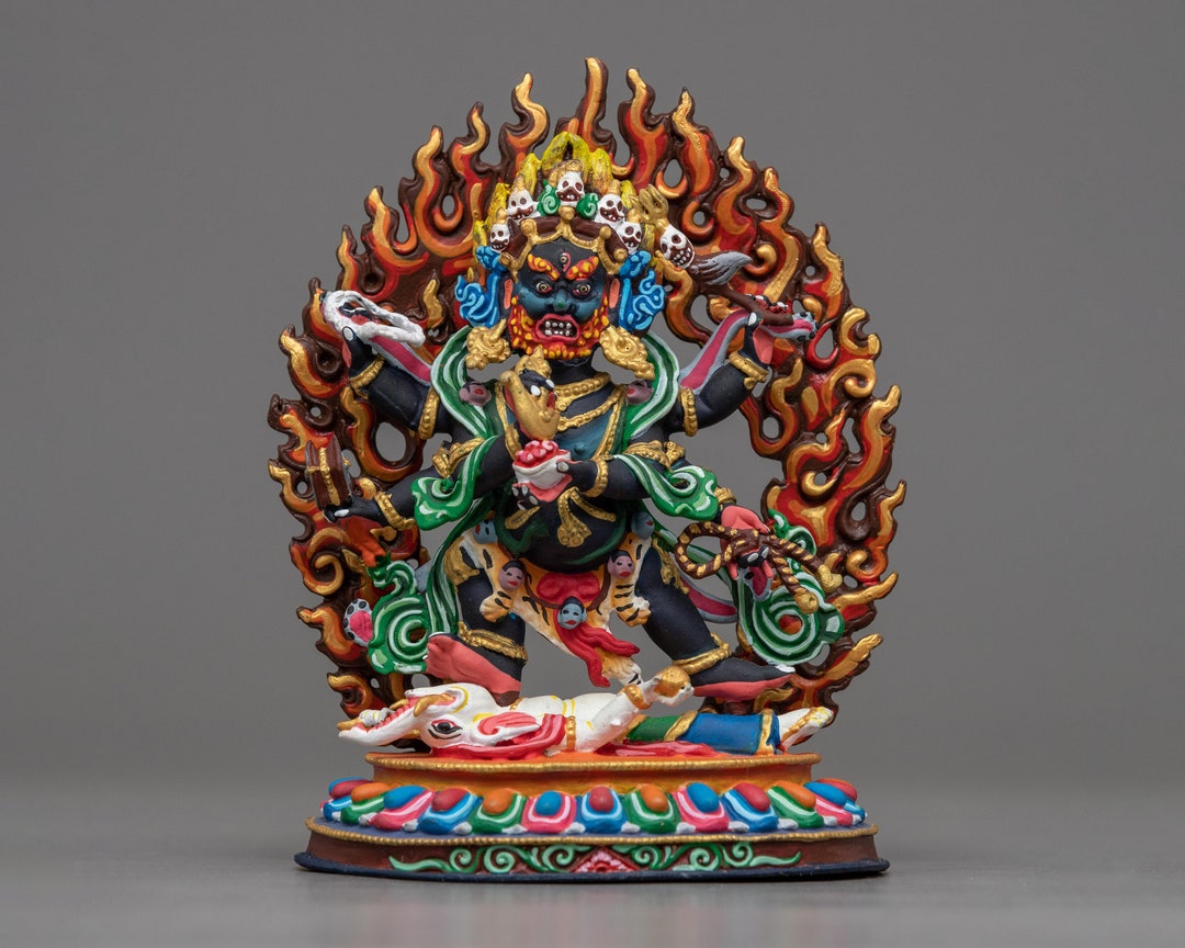 Compact Six-armed Mahakala Statue - Tibetan Protector Deity in Gold ...