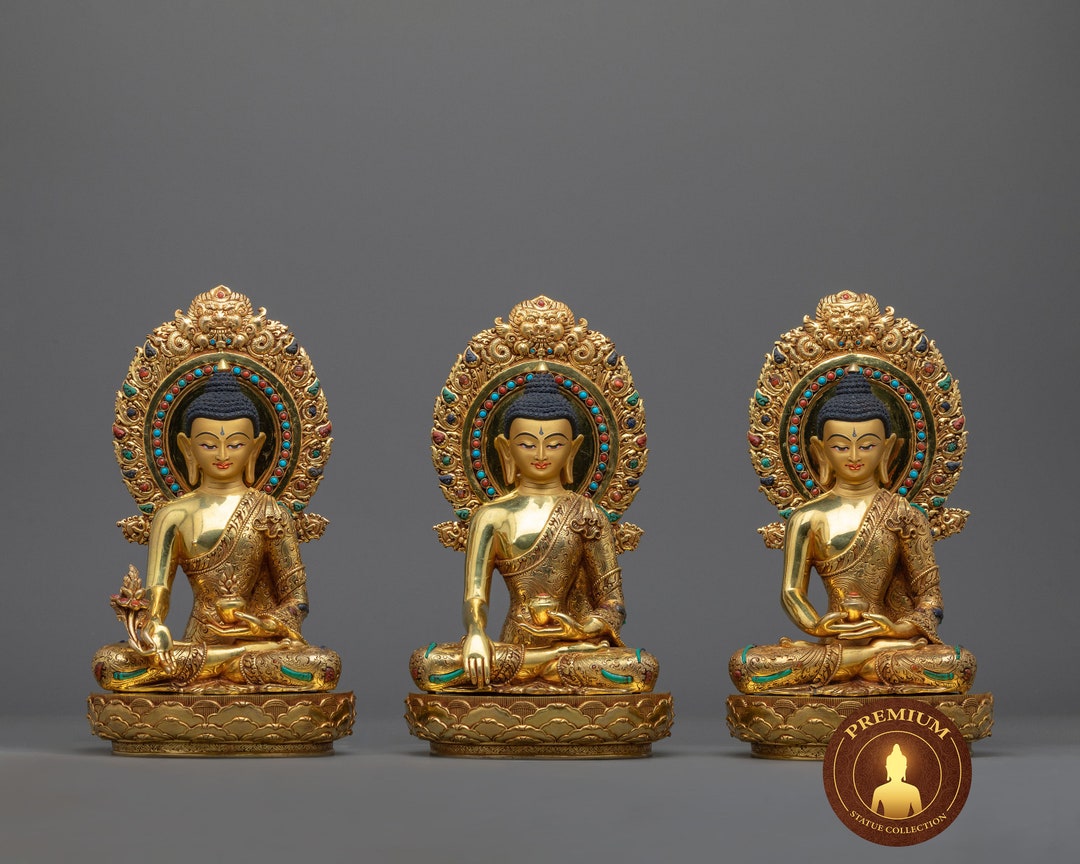 Three Buddha Statue Set 9.4 Tall, 24K Gold Gilded Copper Body, Acrylic ...