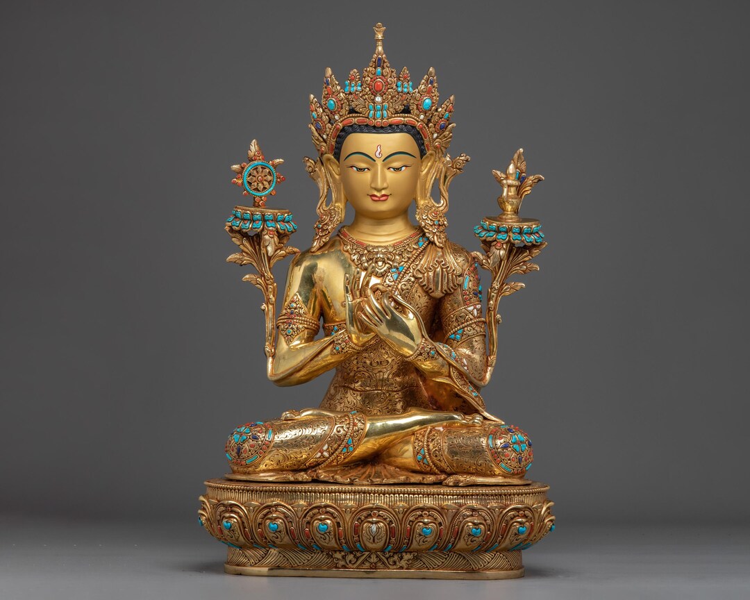 24K Gold Gilded Maitreya Buddha Statue | Gemstones and Copper Body ...
