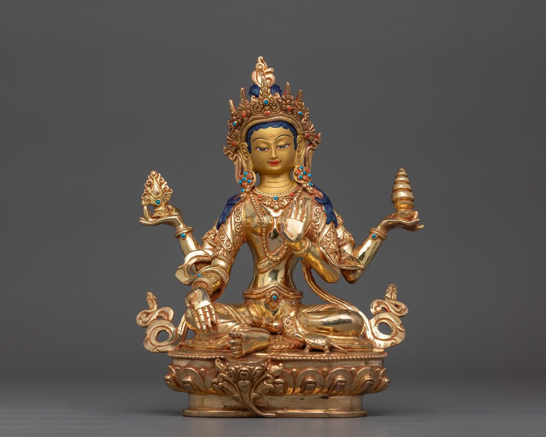 24K Gold Gilded Female Wealth Goddess Laxmi Statue Tibetan Pal Lhamo ...